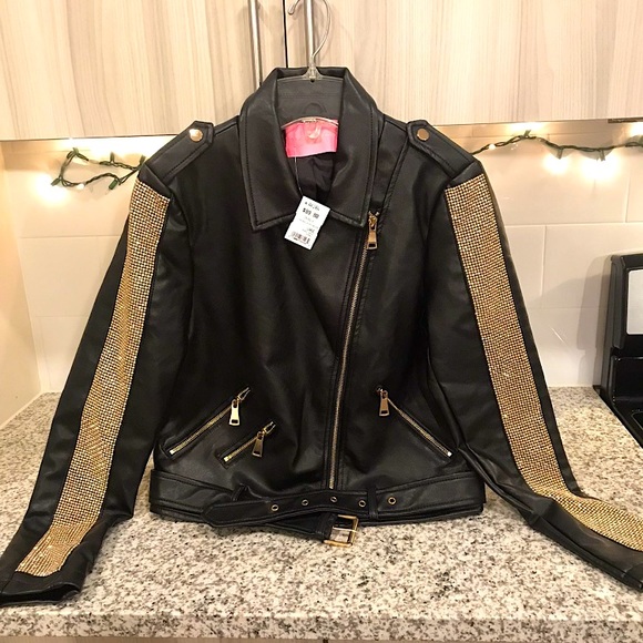 Jackets & Coats | Leather Jacket With Gold Rhinestones And Detailing ...